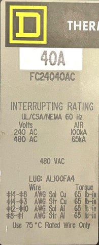 Square D FC24040AC 2-Pole I-Line Circuit Breaker 40A 480VAC 1 PH Plug ...