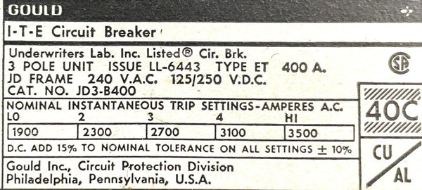 Gould ITE JD3-B400 3-Pole JD Frame Circuit Breaker 400A 240VAC 125/250