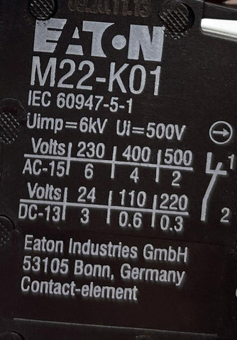 Eaton M22-D-S Black Push Button W/ M22-K01 Auxiliary Contact Block 500