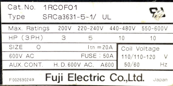 Fuji Electric 1RCOFO1 Contactor 600VAC 20A 3 PH Size 0 110/120V 50/60H
