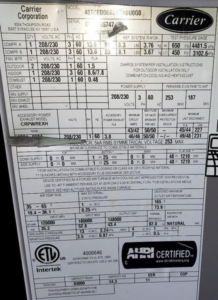 Carrier 48TC 7.5 Ton Heat AC Rooftop Package Unit 148k BTU ...