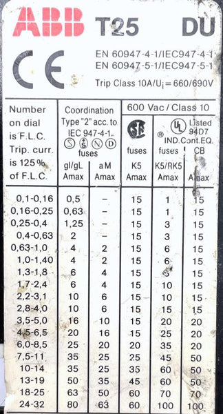 ABB T25DU11 Thermal Overload Relay 7.5-11A 600VAC Class 10 3-Pole