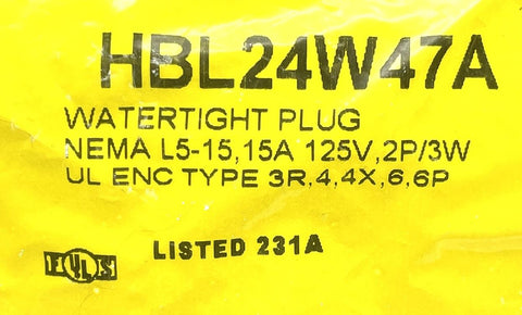 Hubbell HBL24W47A Watertight Twist-Lock Plug 15A 125V 2-Pole 3-Wire NE
