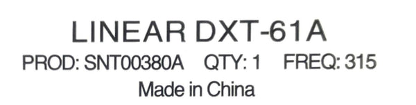 Linear DXT-61A 1-Button 1-Channel Pendant Transmitter 315Mhz Freq. 12V