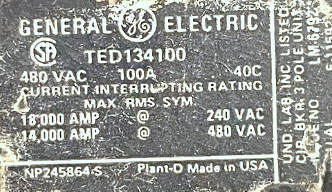 General Electric TED134100 3-Pole Circuit Breaker 100A 480VAC