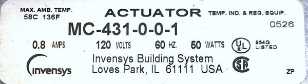 Invensys MC-431-0-0-1 2-Position Damper Actuator 0.8A 120V 60HZ 50W 13