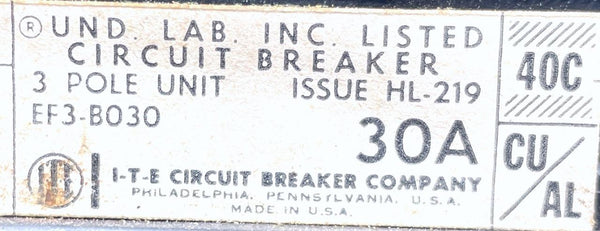 ITE EF3-B030 3 Pole Circuit Breaker 30A 600VAC Bolt On Mount