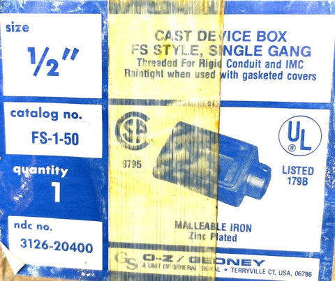 O-Z Gedney FS-1-50 Single Gang Rigid Cast Iron Device Outlet Box 1/2" – Surplus Select