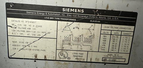 Siemens 3F3Y030ST Transformer 30 KVA 480V High 208/120V Low 3 Phase 36