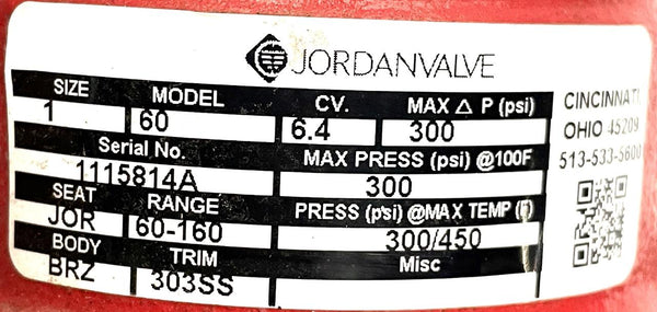 JordanValve Model 60 1" NPT Sliding Gate Pressure Regulator Valve 6.4C