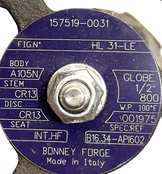 Bonney Forge HL 31-LE 1/2"- 800 Threaded Globe Valve A105N Body 100°F