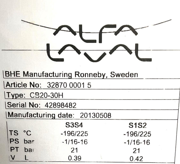 Alfa Laval CB20-30H Brazed Refrigerant Plate Heat Exchanger 32870 0001