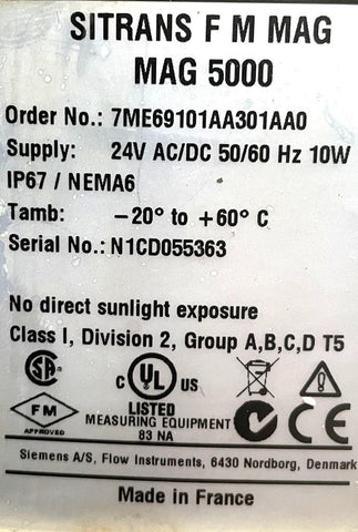 Siemens Sitrans MAG 5000 Magnetic Flow Transmitter W/ MAG 1100 Flow Se