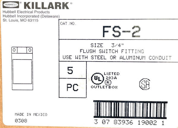 Killark FS-2 3/4" Shallow Dead End Cast Device Box Aluminum Single Gang ...