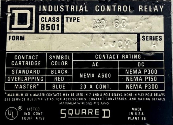 Square D 8501X060 Industrial Control Relay 20A 110/120V 50/60HZ