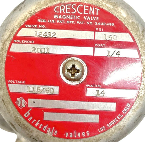Barksdale 12432 Crescent Magnetic Solenoid Valve 1/4" NPT 150PSI 115V ...