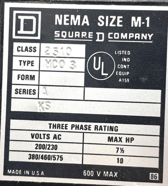 Square D 2510MCO2 Ser. A 2-Pole Manual Motor Starter NEMA Size M-1 36A ...