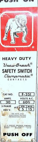 Bulldog F-351 Heavy Duty Vacu-Break Safety Switch Box 3-Pole 30A 600VA