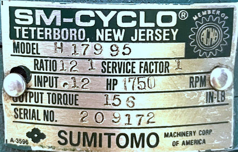 Sumitomo SM-Cyclo H17995 Gear Reducer 12:1 Ratio 1750RPM 156 In.Lb. To ...