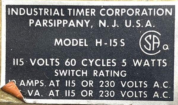 Industrial Timer Co. H-15S Electromechanical Timer 0-15 Seconds 115V 6