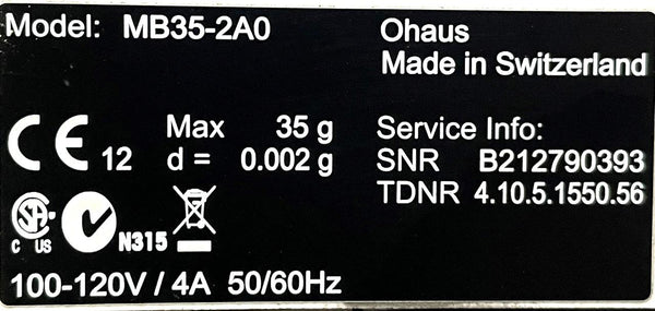 Ohaus MB35-2A0 Halogen Moisture Analyzer 35g Max Capacity .002g Readab