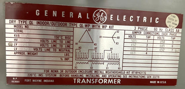 General Electric 9T23B3873 45 KVA Transformer 480V HV to 208/120V LV 3