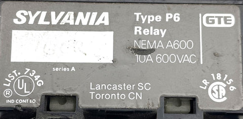 Sylvania P6-40-76 Type P6 Control Relay NEMA A600 4-Pole 10A 600VAC