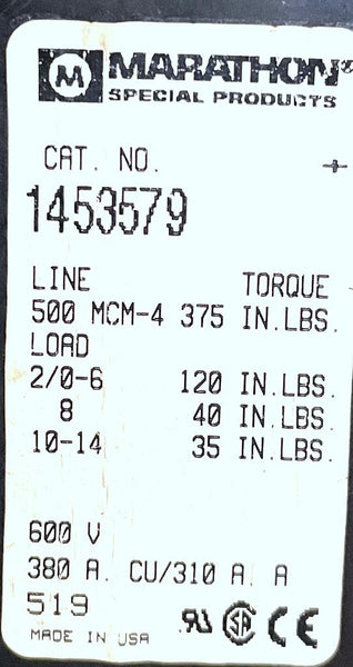 Marathon 1453579 3-Pole Power Distribution Terminal Block 380A 600V