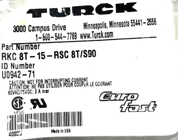 TURCK RKC 8T-15-RSC 8T/S90 Double Ended Sensor Cable Shielded – Surplus ...