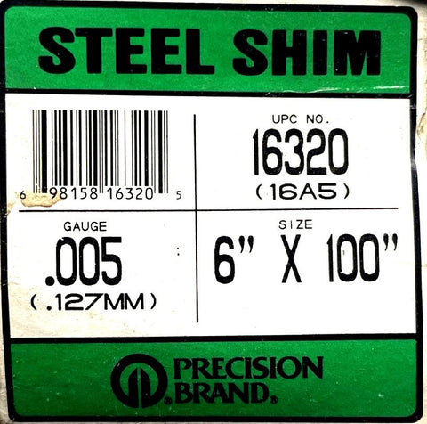 Precision Brand 16320 Steel Shim .005 Gauge (.127MM) 6" x 100 ...