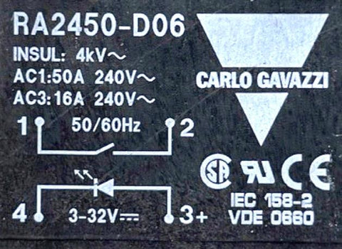 Carlo Gavazzi RA2450-D06 Solid State Relay 50A 240VAC 3-32 VDC 4kV