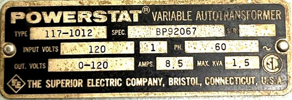 Powerstat 117-1012 Variable Autotransformer 120V 60PH 5/8A 1/5KVA 0-12