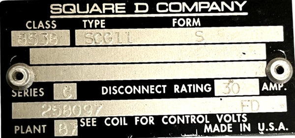 Square D 8538 SCG-11 Electrical Enclosure Type 1 Form S Series C 30A