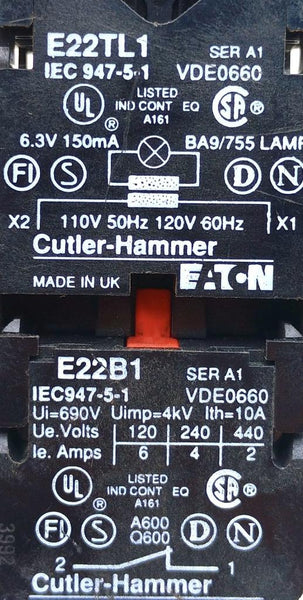Cutler-Hammer E22TL1 Illuminated Green Push Button System On W/ E22B1 ...