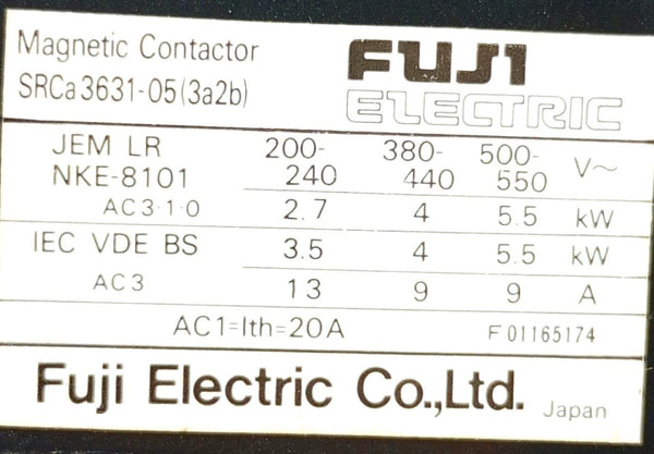 Fuji Electric SRCa3631-05(3a2b) Motor Starter 20A 100-110VAC Coil