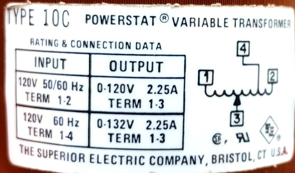Superior Electric Type 10C Powerstat Variable Transformer 120V 50/60HZ
