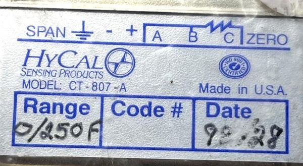 HyCal Sensing Products CT-807-A Temperature Transmitter 0/250°F Range