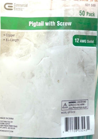 Commercial Electric GP128-50 Pigtail with Screw 8" Length 12 AWG Solid