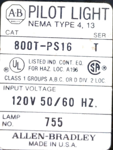 Lot of (2) Allen-Bradley 800T-PS16 Series T Pilot Light Module 120V 50