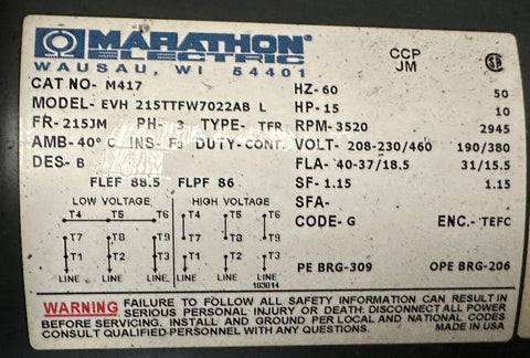 Marathon M417 Electric Motor 15 HP 3520 RPM 215JM 230/460V 3 Phase