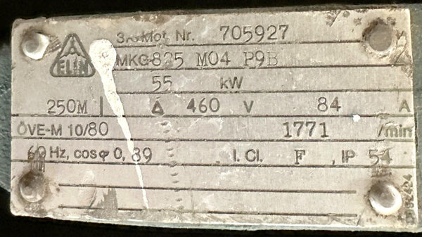 Elin MKG825M04P9B Electric Motor 55 kW 1771 RPM 460V 3 Phase