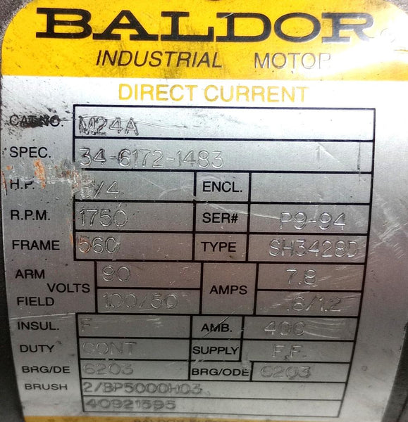 Baldor M24A 34-6172-1483 DC Motor 3/4HP 1750RPM 56C 50-100V Insul. Cla