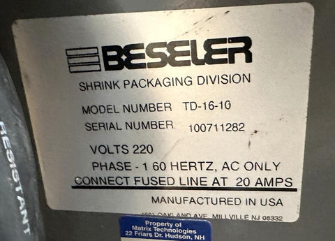 Beseler TD-16-10 Heat Shrink Tunnel 16" x 10" 220V Single Phase #2