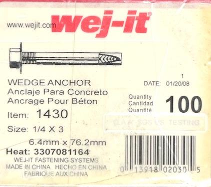 (Lot of 100) Wej-It 1430 Wedge Anchor 1/4" x 3" Stainless Steel ...
