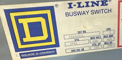 Square D PBQ4640G I-Line Busway Switch Plug Fusible 400A 600V 4 Wire 3