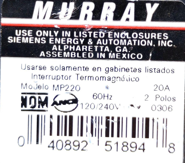 Murray MP220 2-Pole Circuit Breaker 20A 120/240VAC 1 Phase Plug-In Mou
