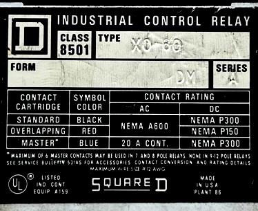 Square D X0-60 Control Relay Form DM Series A Class 8501 12 Poles 110/