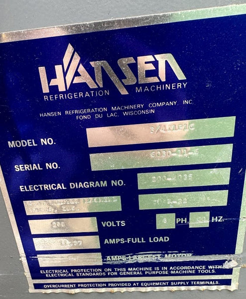 Hansen Refrigeration Machinery 3/4T1P1C Chiller R-22 11.37A 208V 3 Pha