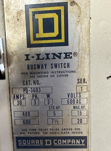 Square D PQ-3603 Busway Switch Plug 30A 600V 3W 3 Phase