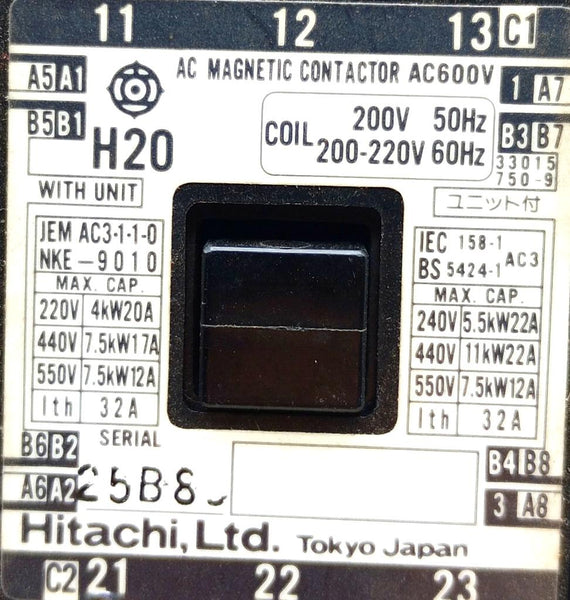 Hitachi H20 AC Magnetic Contactor 200-220V 50/60HZ Coil 32A 600VAC